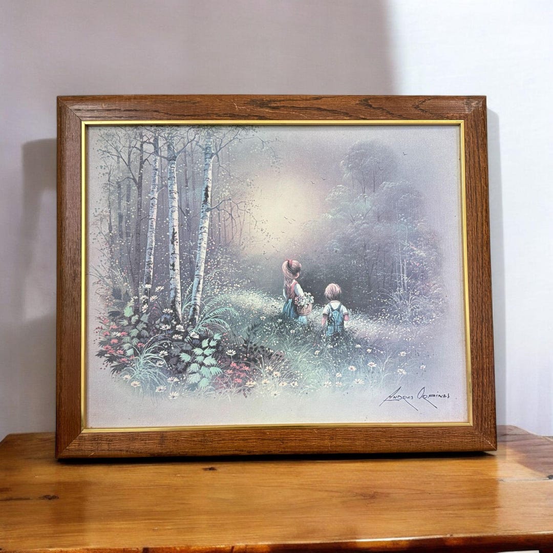 Vintage Andres Orpinas Art Print, Boy and Girl Collecting Flowers Wall ...