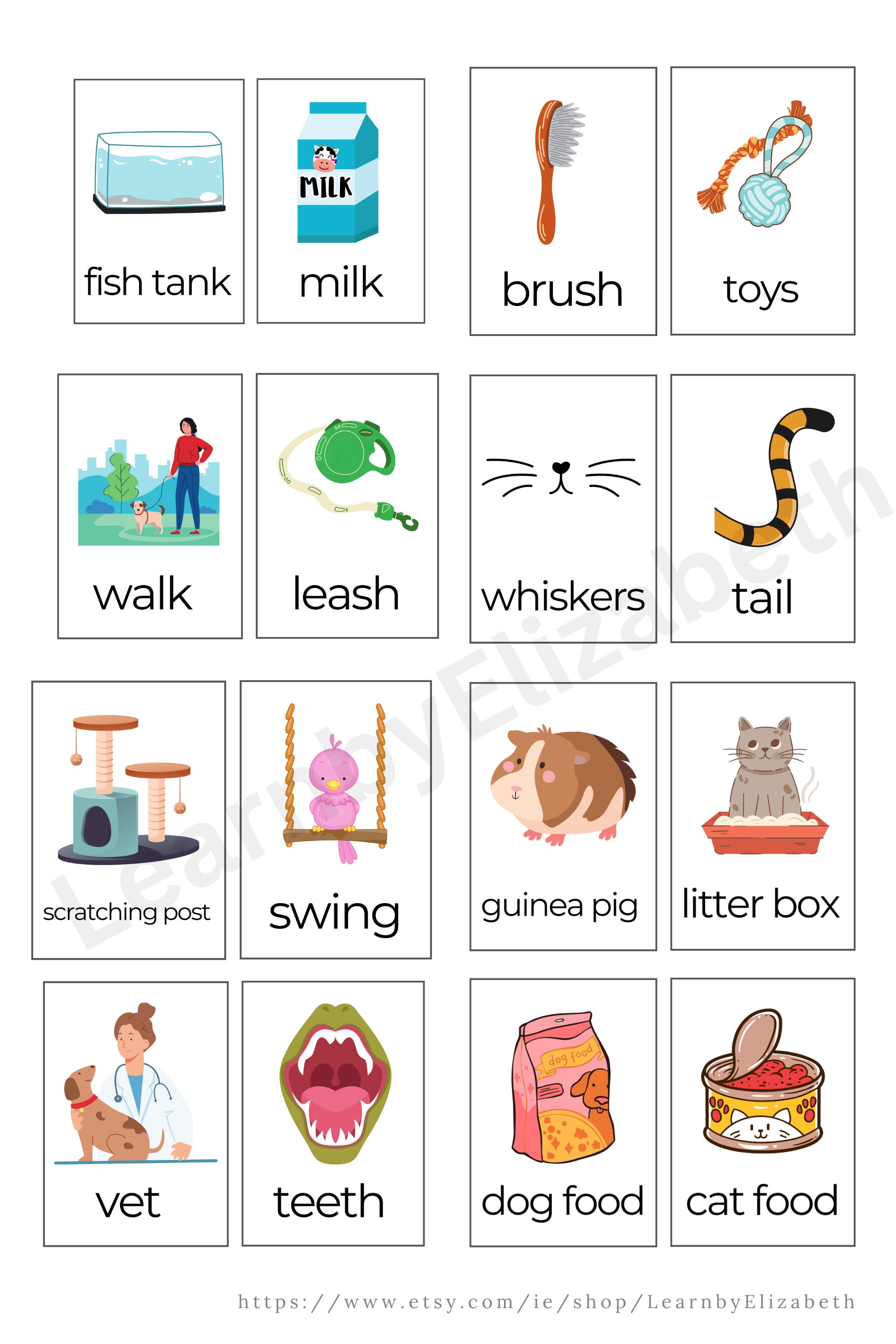52 Pet Flashcards. Learn English. Instant Download. Print Friendly ...