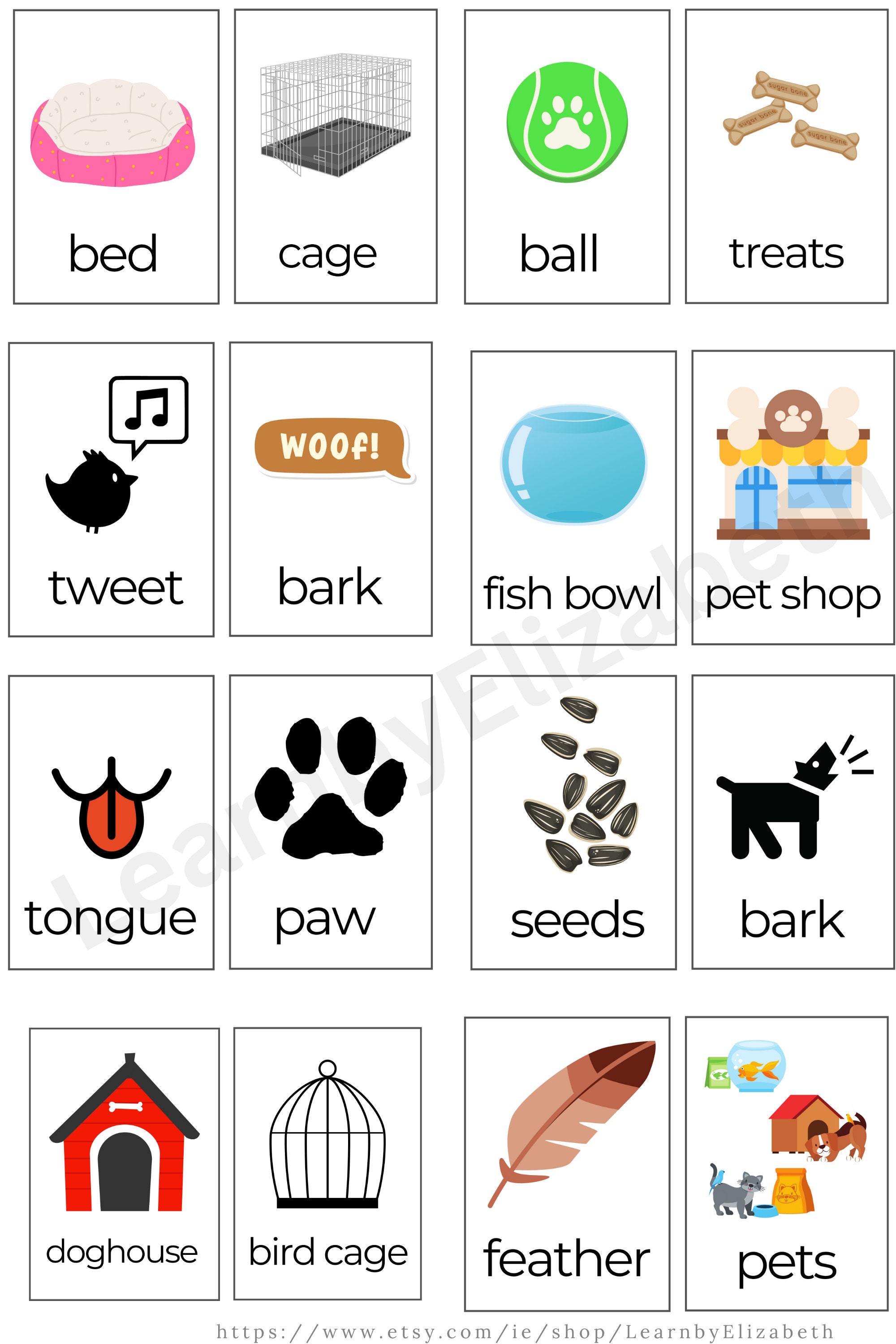52 Pet Flashcards. Learn English. Instant Download. Print Friendly ...