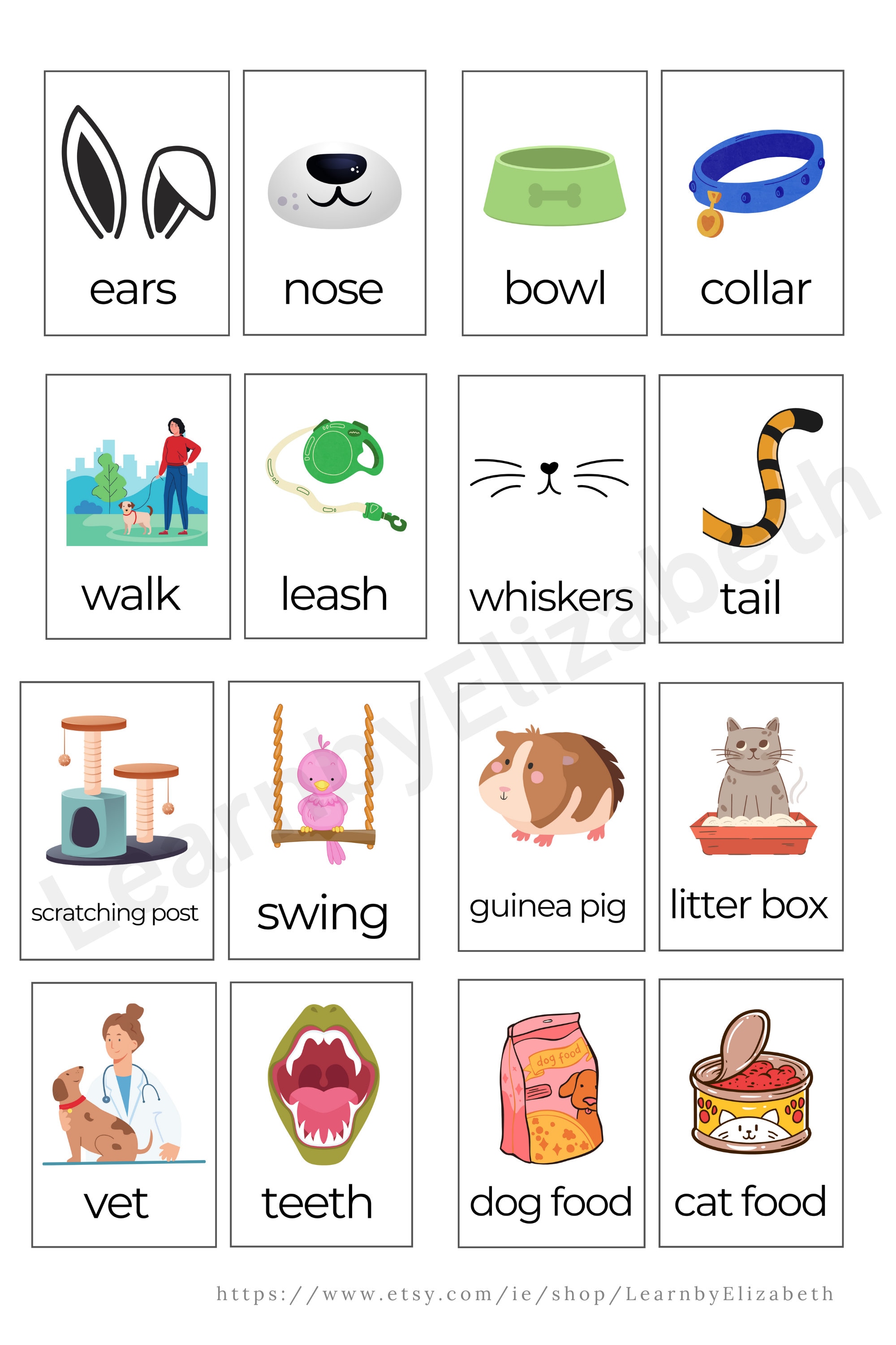 52 Pet Flashcards. Learn English. Instant Download. Print Friendly ...