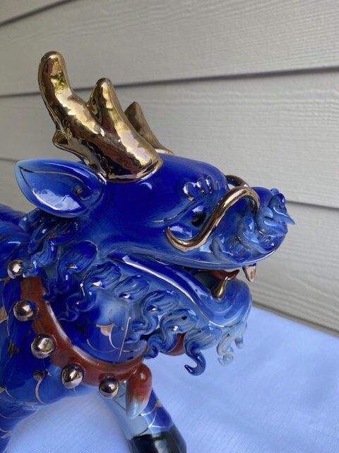 Blue and Gold Asian Porcelain Foo Dog Rare Collectible - Etsy