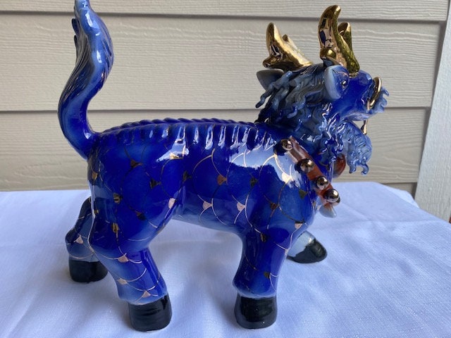 Blue and Gold Asian Porcelain Foo Dog Rare Collectible - Etsy