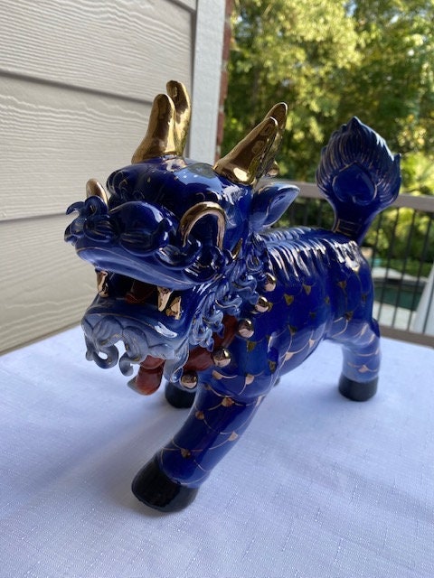 Blue and Gold Asian Porcelain Foo Dog Rare Collectible - Etsy