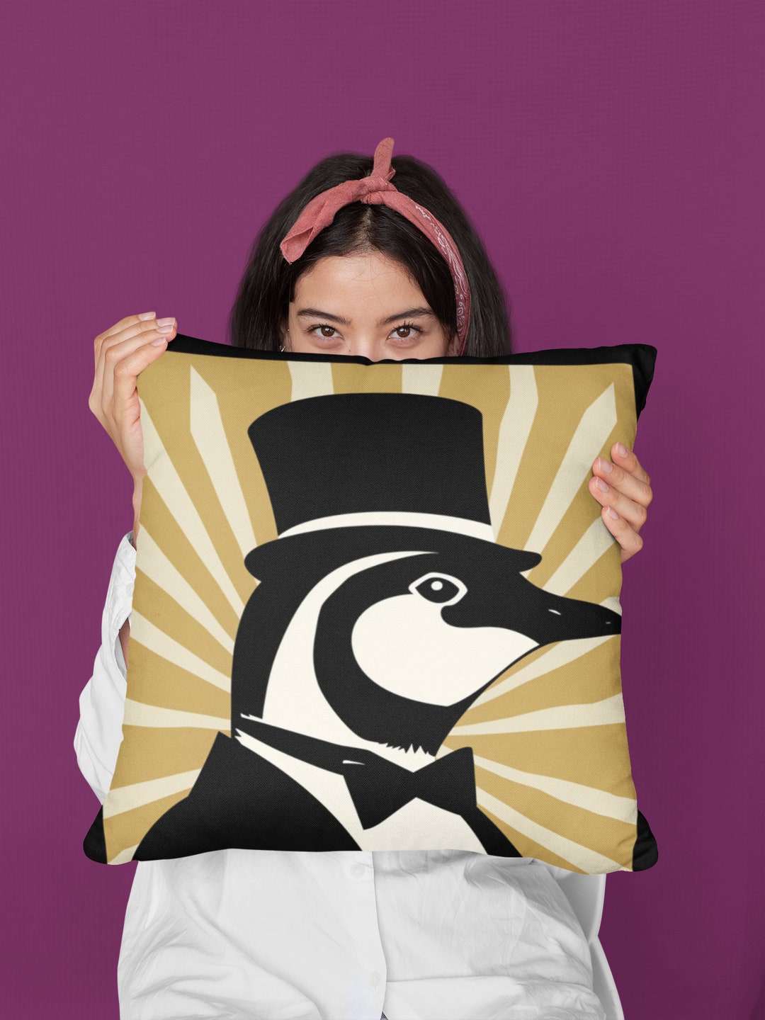 Art Deco Penguin Cushion – Square Suede Pillow, Bold Black and White ...