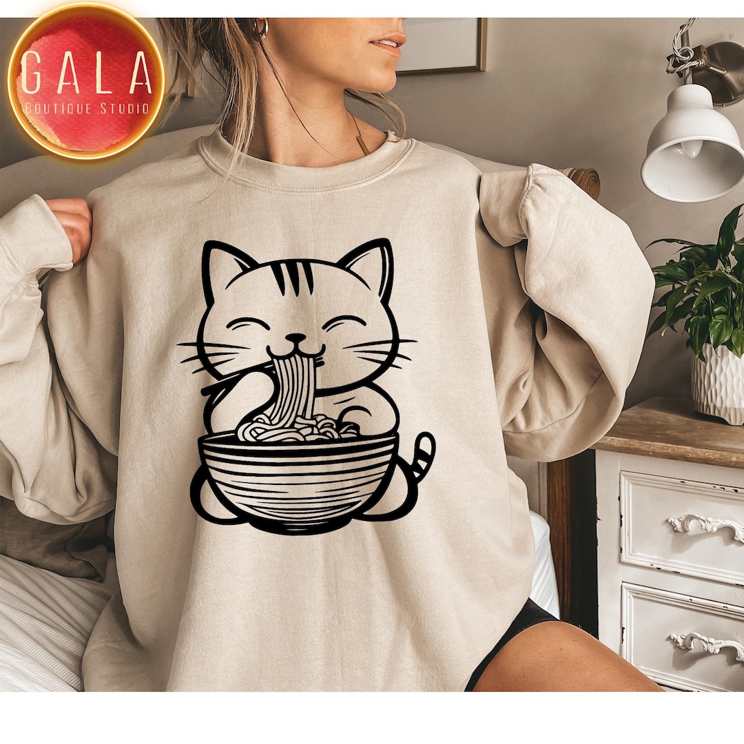 Noodle Cat Sweatshirt, Black Cat Ramen Hoodie, Ramen Cat Sweater, Cat ...