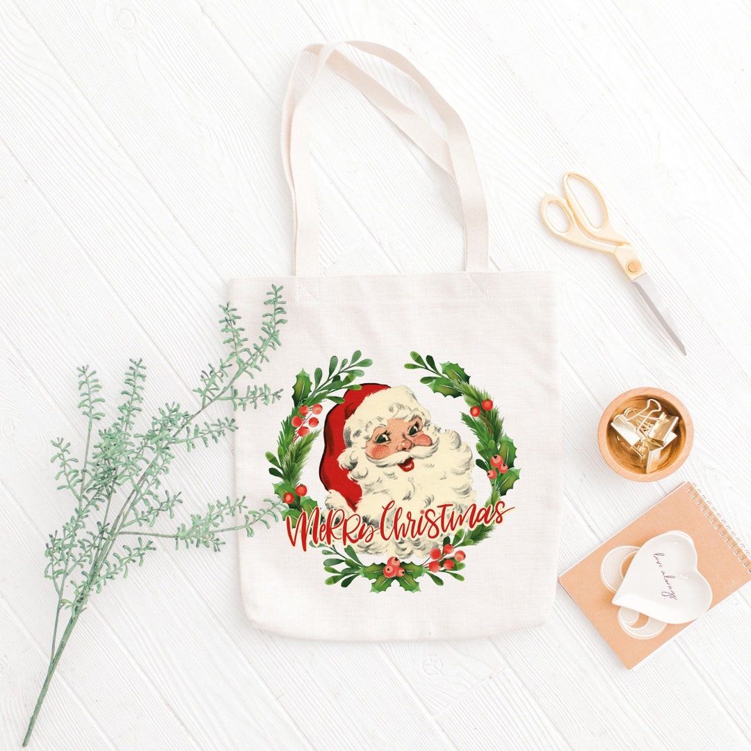 Vintage Santa Tote Bag, Christmas Canvas Bag, Santa Totes, Christmas ...
