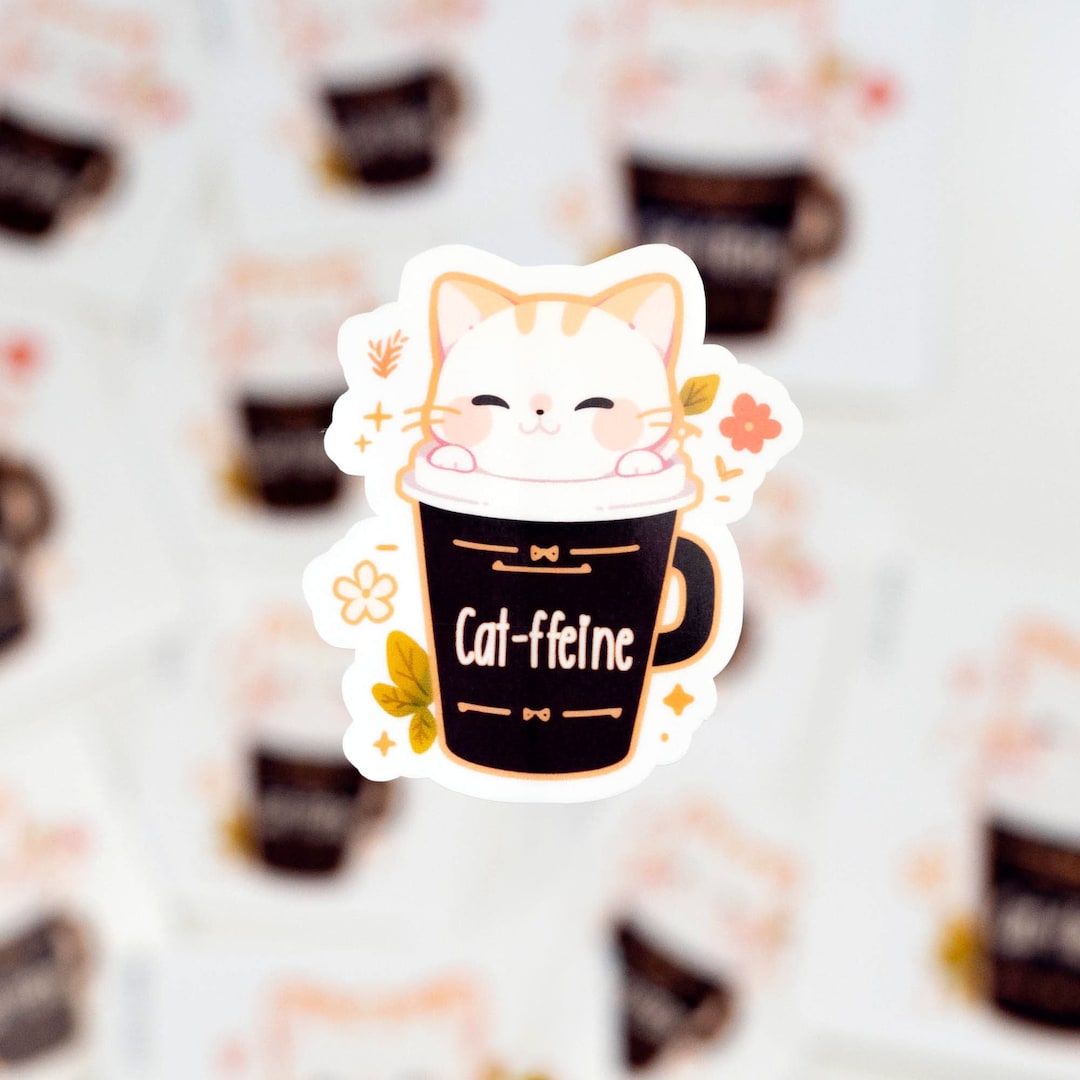 Cat Sticker Coffee Sticker Coffee Lover Cat Sticker Cat-ffeine Cute Cat ...