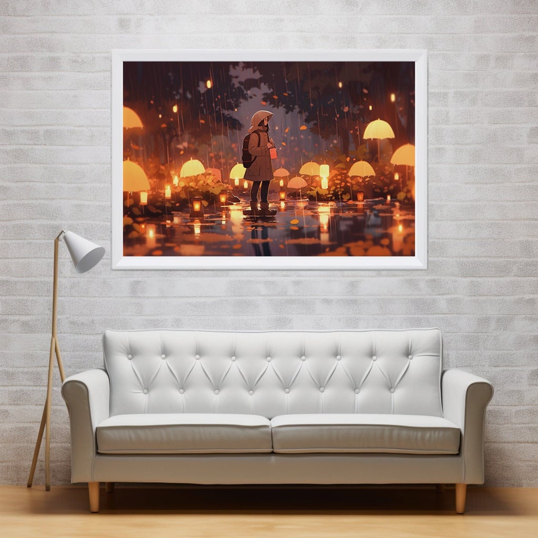 Anime Style Cozy Fall Rainy Night Art Print, Landscape Wall Art, Home ...