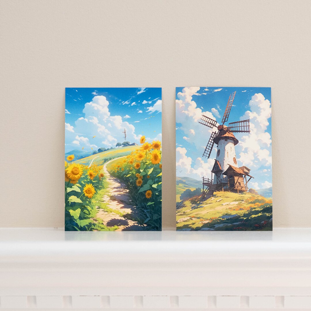 Anime Sunflower Field or Windmill Art Print - Landscape Art Desk/table ...