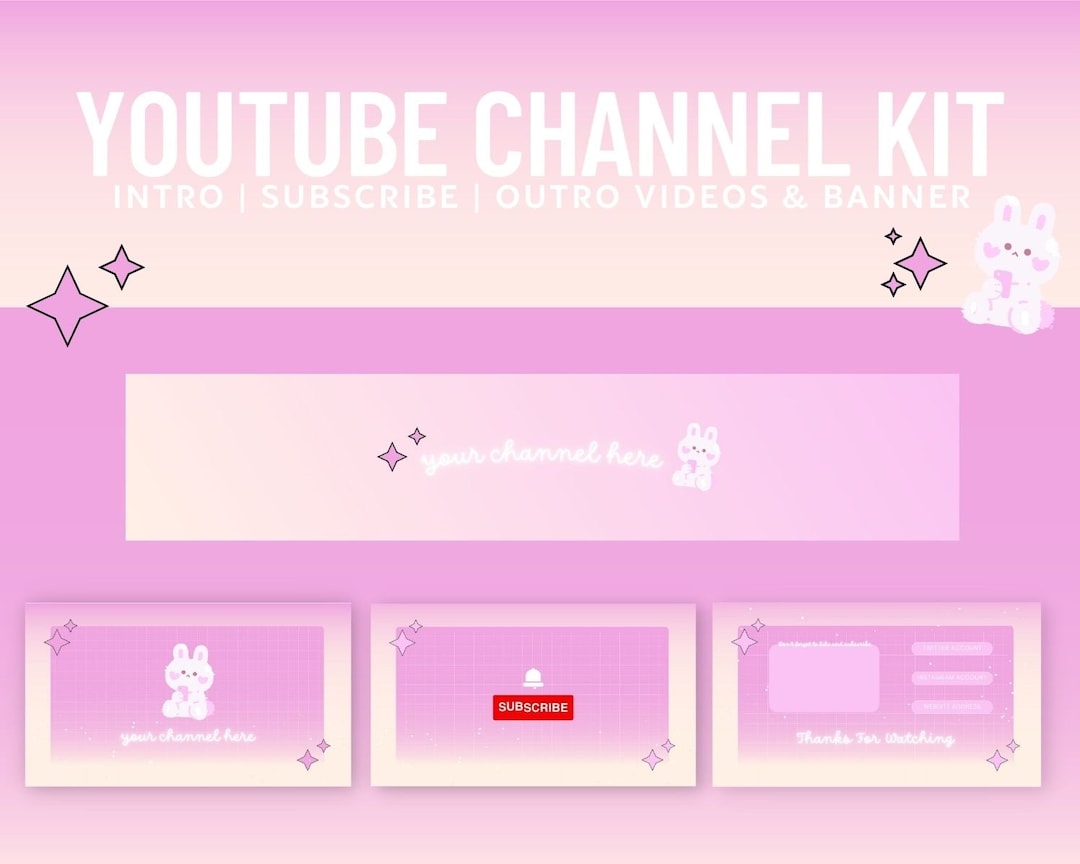 Cute Youtube Channel Kit Intro / Outro / Subscribe Video & Channel Banner Custom Kawaii Pink ...