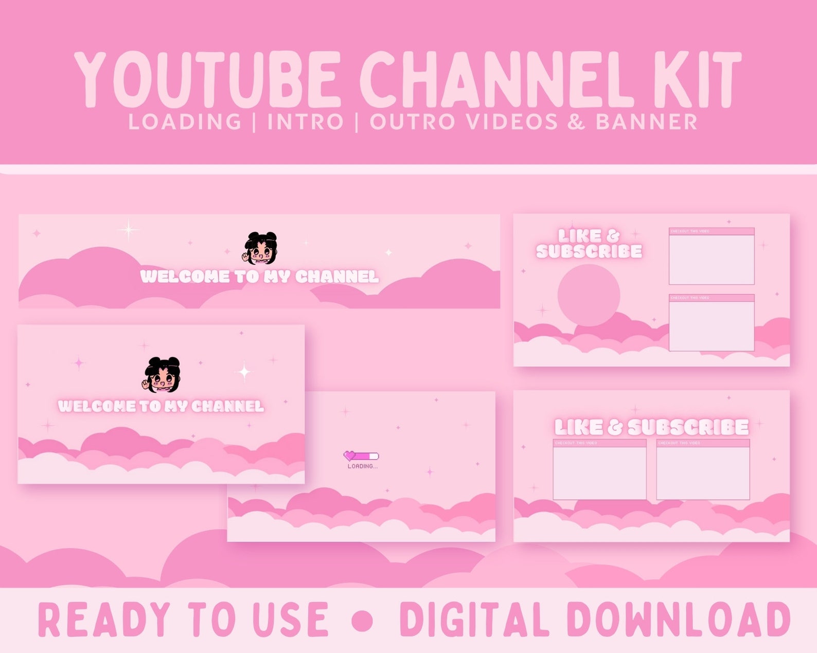 Ready to Use Cute Pink Kawaii Youtube Channel Kit | Intro / Loading ...