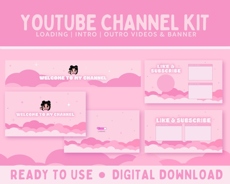 Ready to Use Cute Pink Kawaii Youtube Channel Kit | Intro / Loading ...