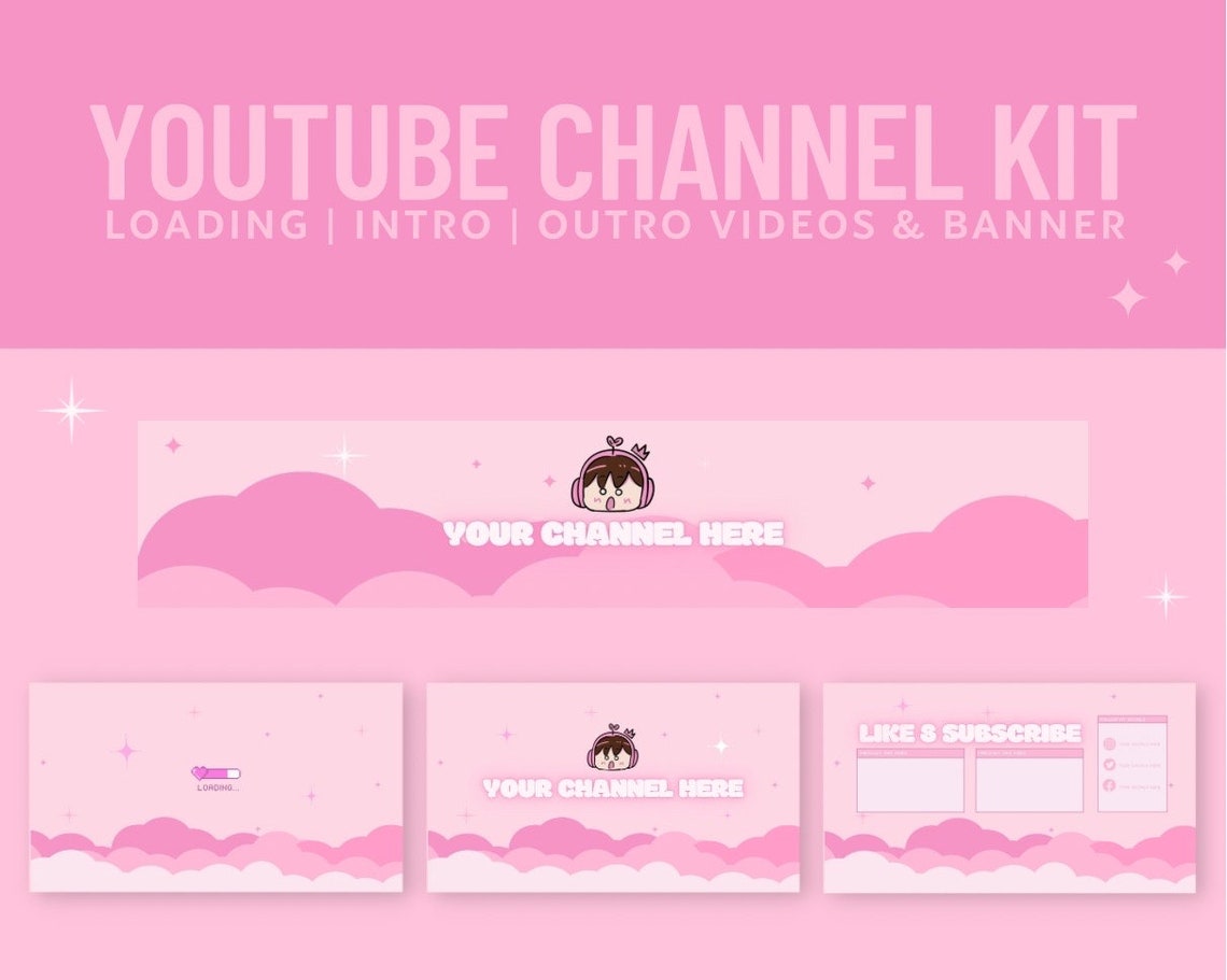 Personalized Kawaii Youtube Channel Kit Intro / Outro / Loading Video & Banner Cute Custom Pink ...