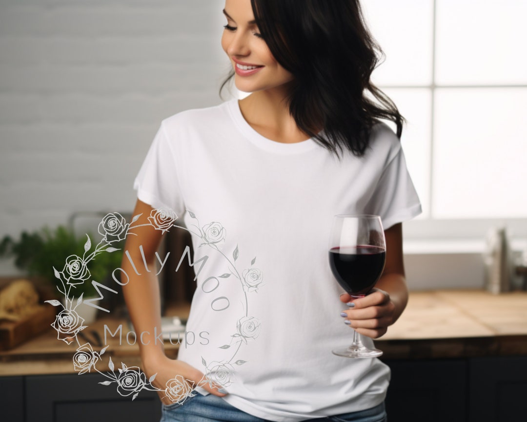 Women Drinking Wine Themed Model Mock-up, White Indoor T-shirt Mock-up ...