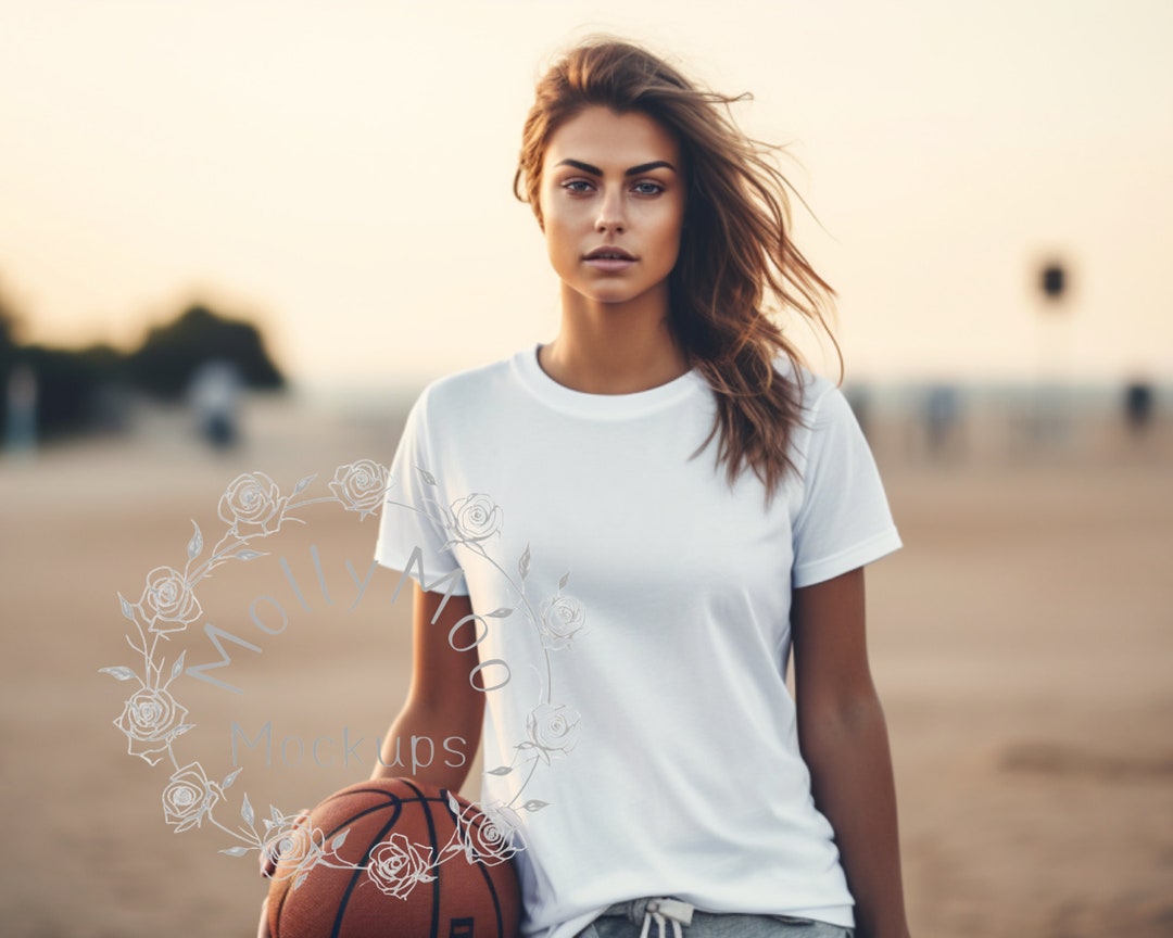 Women's Sports Themed Model Mock-up, White T-shirt Mock-up, White Bella ...