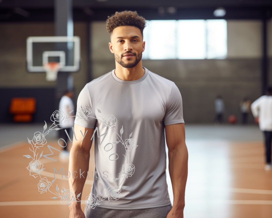 Men's Sports Themed Model Mock-up, Grey T-shirt Mock-up, Grey Bella ...