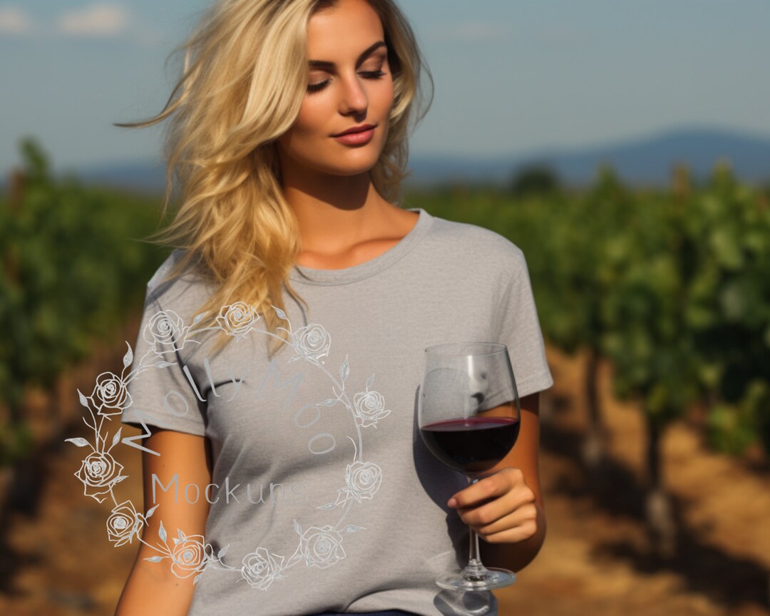 Women Drinking Wine Themed Model Mock-up, Grey Outdoor T-shirt Mock-up ...