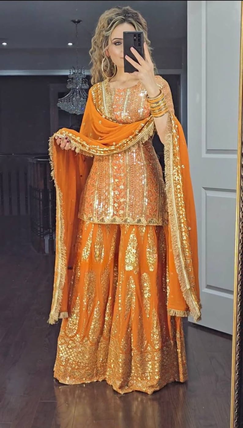 Yellow Palazzo Suit With Sharara Suit, Georgette With Sequence ...