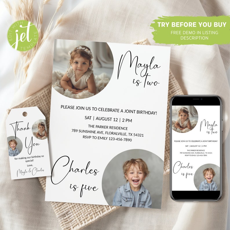 Arched Photo Joint Birthday Invitation Template: Siblings Party ...