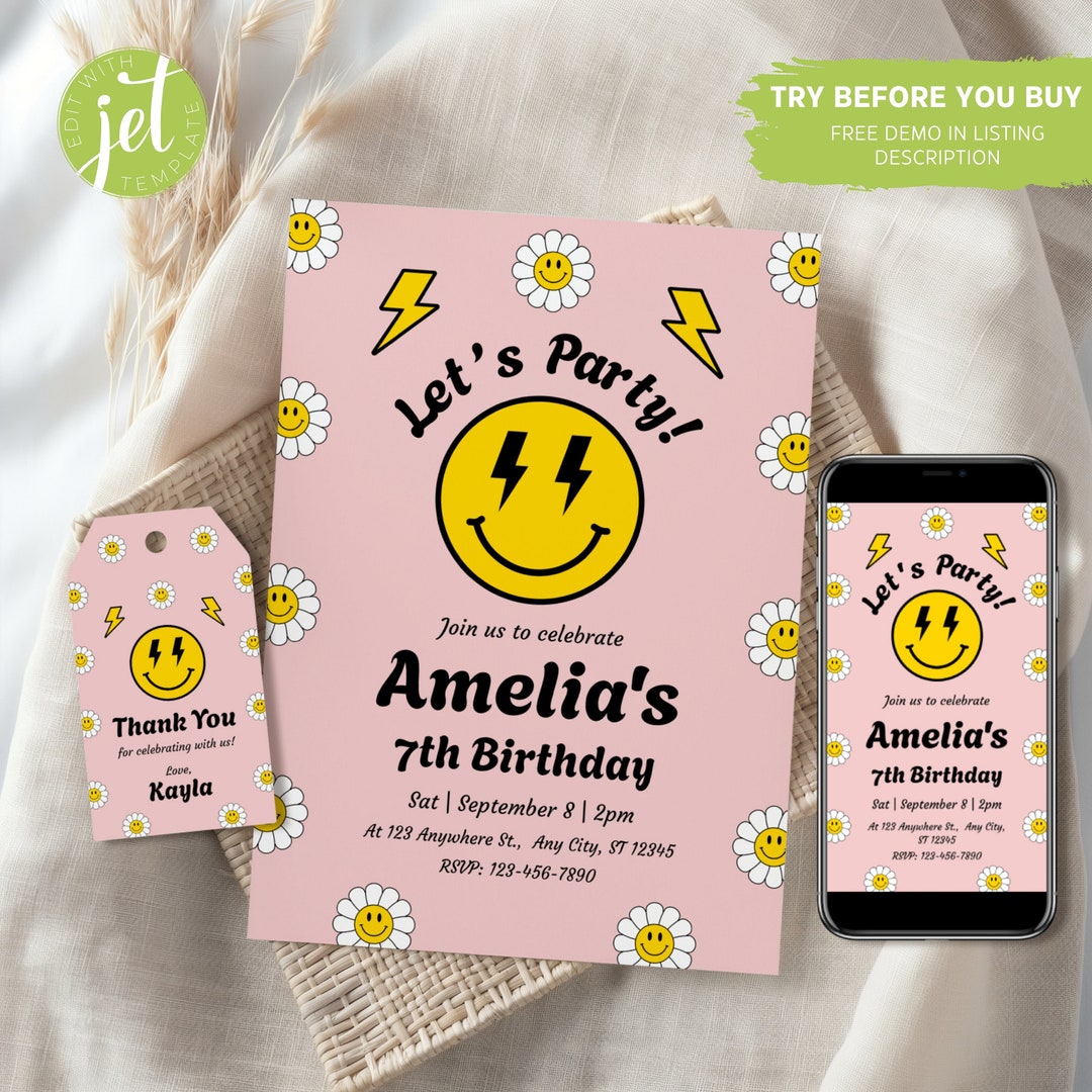 Editable Retro Smiley Birthday Invitation: Groovy Teen Party (digital ...