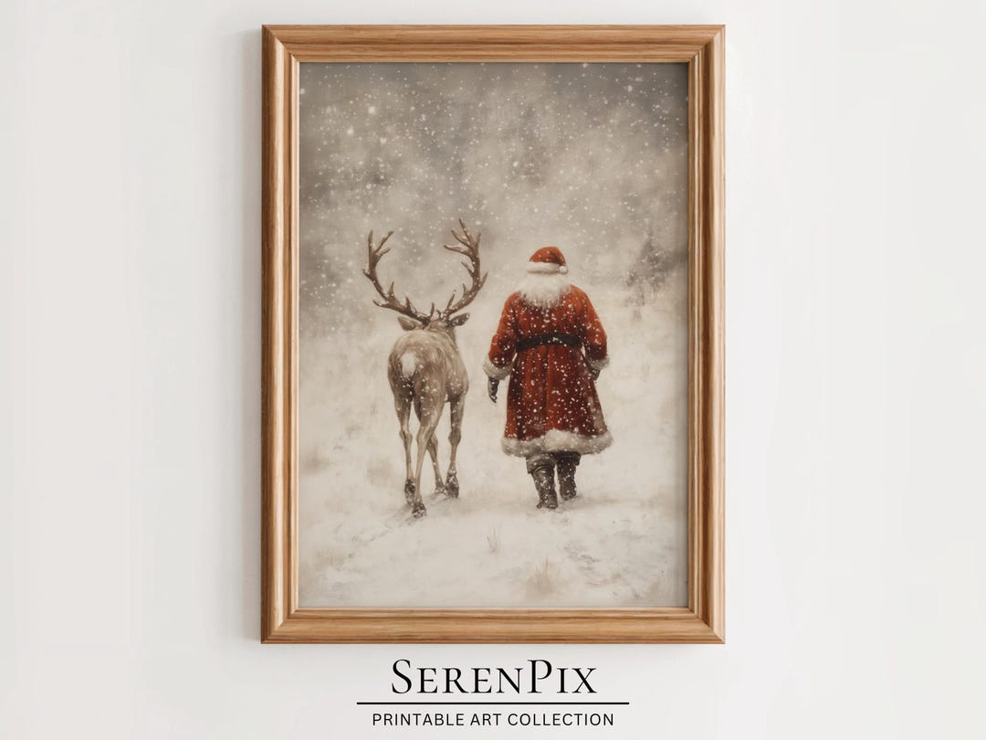 Vintage Santa and Reindeer Christmas Art Print (digital Download) - Etsy