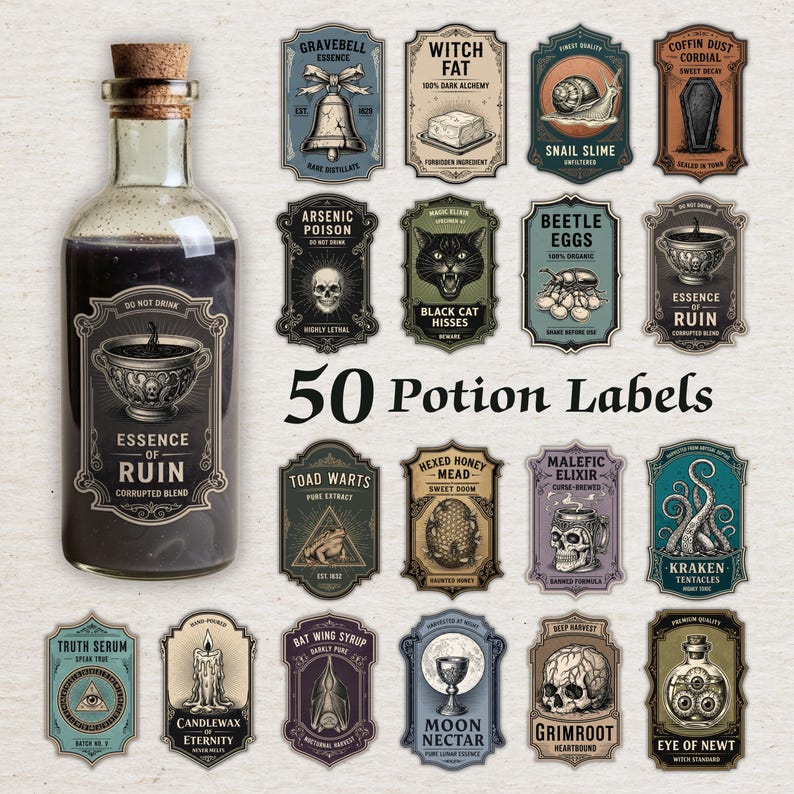 Wizard Potion Labels – 50 Vintage Apothecary Stickers, Printable ...