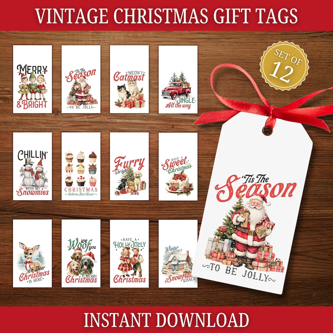 Printable Christmas Gift Tags, Set of 12, Christmas Tag Bundle, Xmas ...