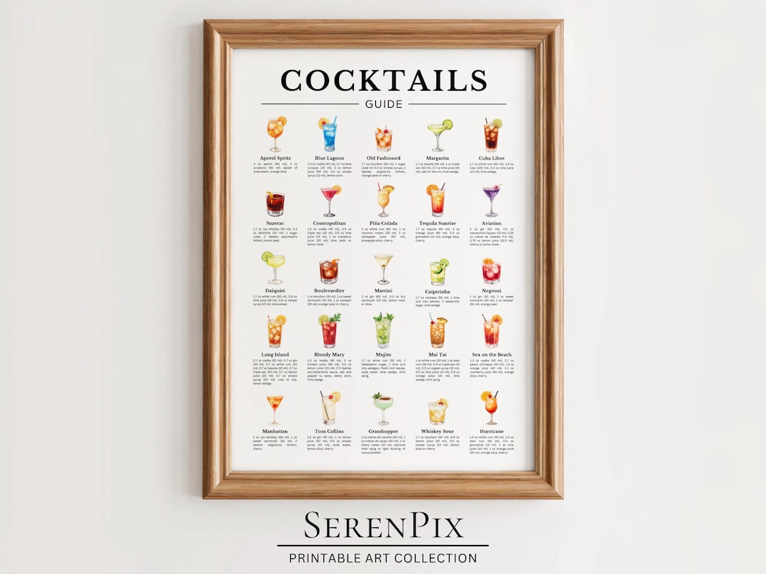 Classic Cocktails Poster, Cocktail Guide Art Print for Trendy Kitchen ...