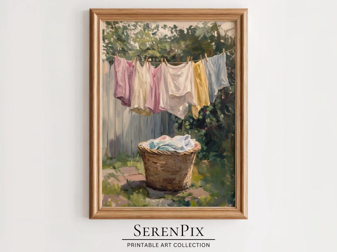 Vintage Laundry Room Art: Farmhouse Clothesline Painting (digital ...