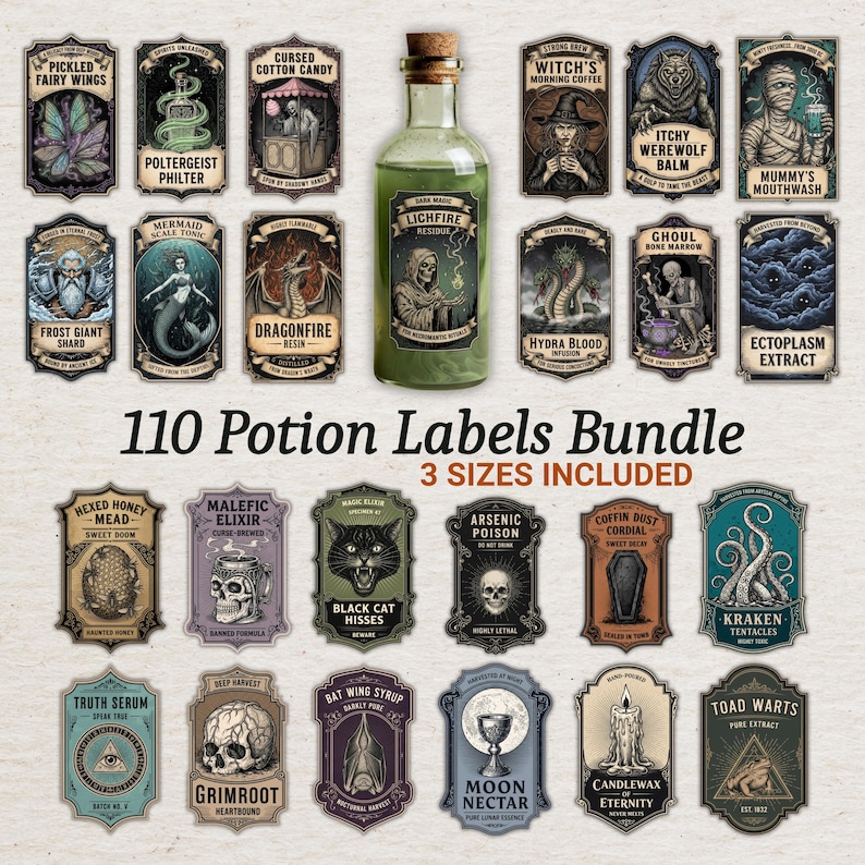 Potion Labels Bundle: 110 Vintage Apothecary Bottle Labels, Witchcraft ...