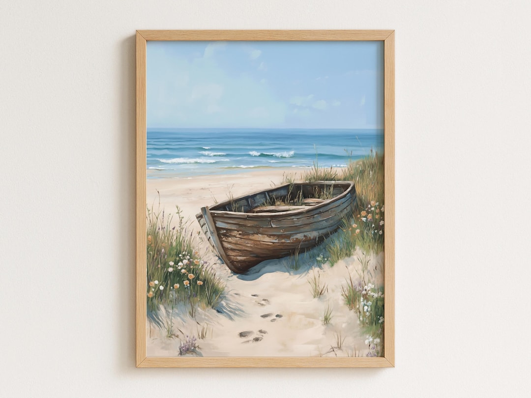 Cottagecore Beach Print: Vintage Wooden Boat, Coastal Artwork (digital ...