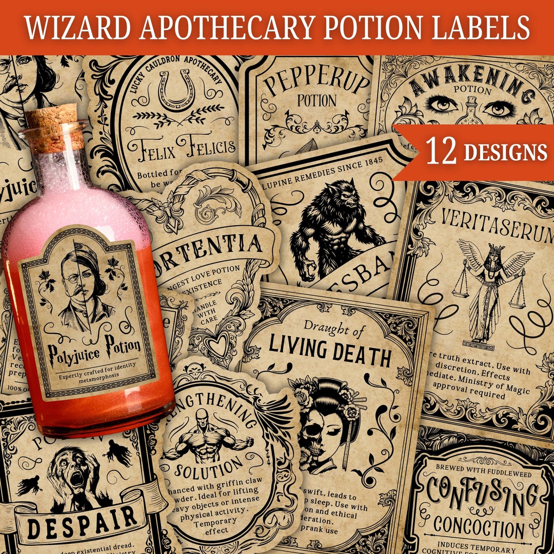 Wizard Potion Labels: Vintage Halloween Apothecary Stickers (digital ...