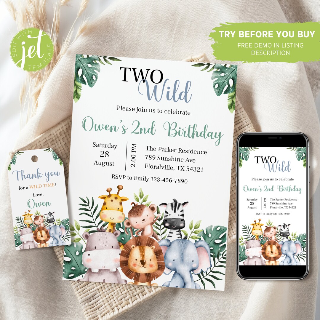 Editable Two Wild Birthday Invitation: Jungle Safari Party (digital ...