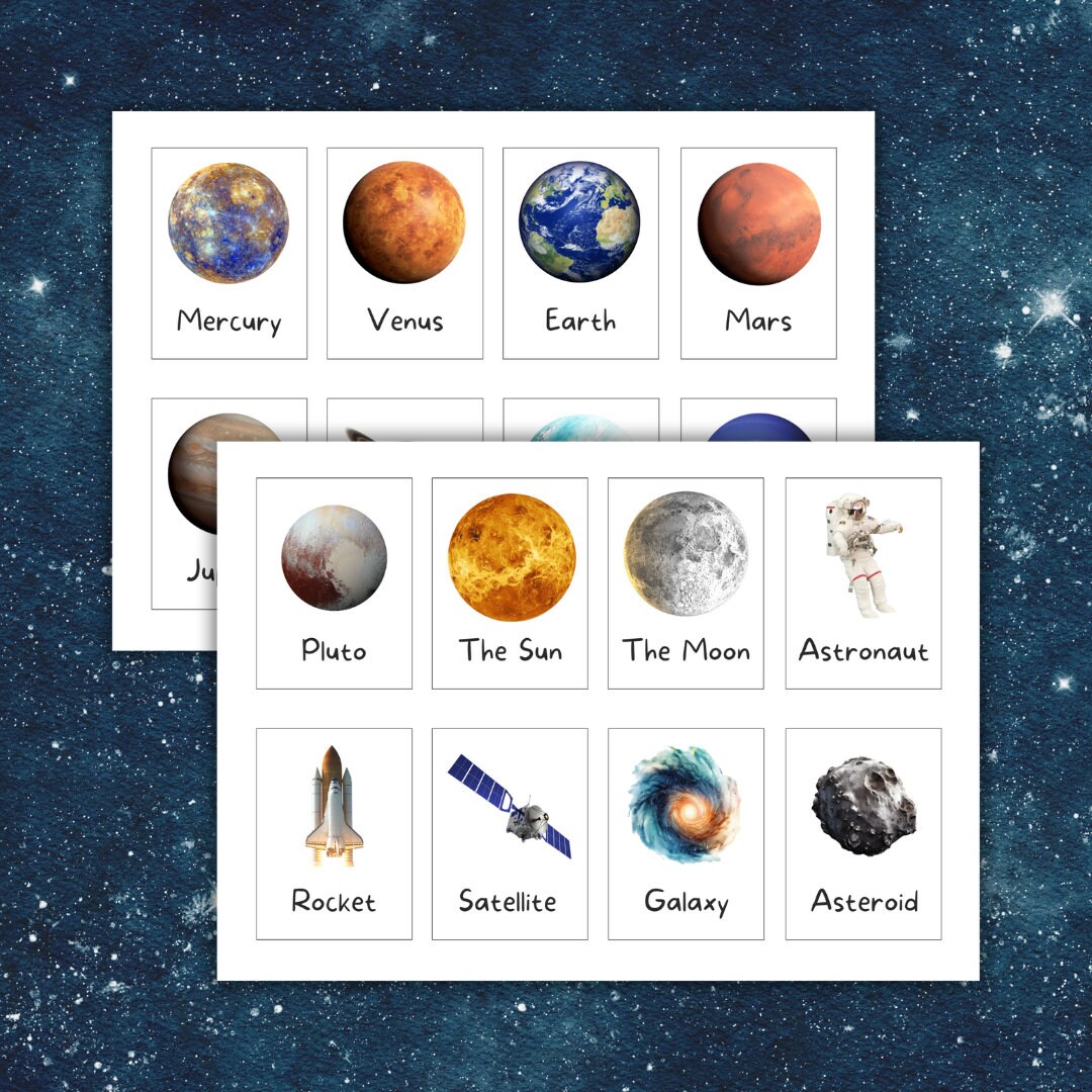 Printable Solar System Flashcards, Space Flash Cards, Outer Space Vocabulary, Planets ...