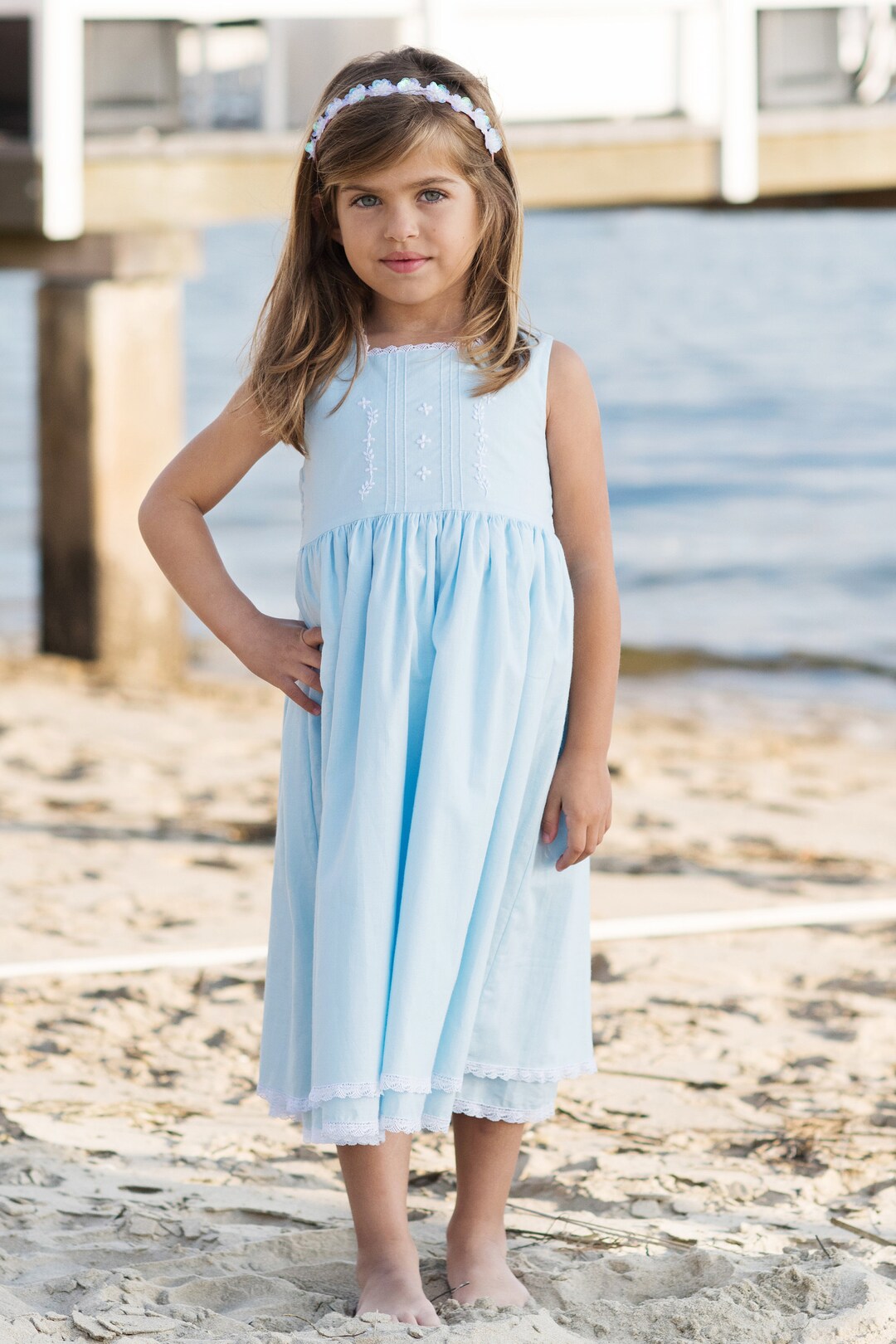 Girls Cotton Cape Cod Dress in Lilac and Blue With Handcrafted ...
