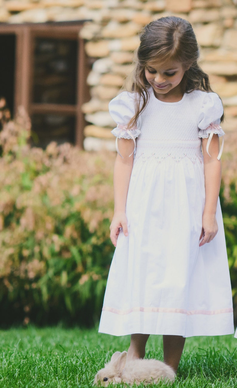 Ava Girls White Hand-smocked Dress With Pink Accents - Etsy