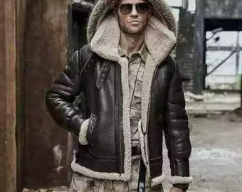 Men's RAF B3 Bomber Flight Aviator Shearling Sheep Skin Leather Jacket With Hood - Etsy