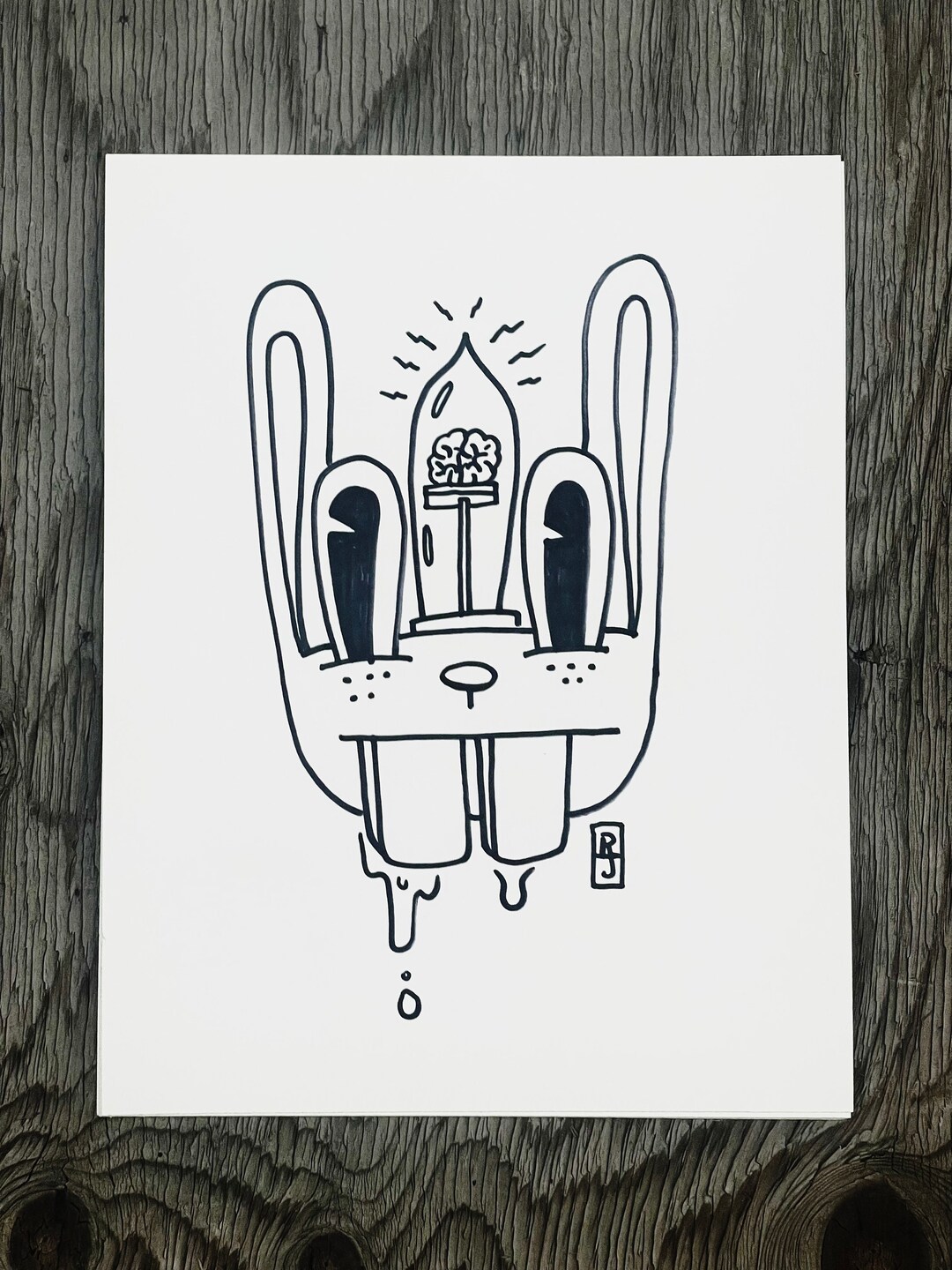 Original Art - Bunny Face With Skrew-in Brain Bulb - Drawing With ...