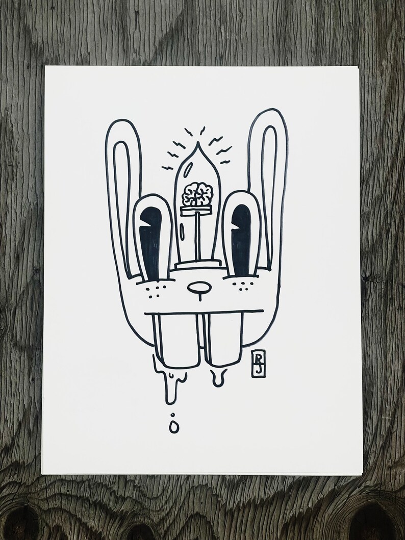Original Art - Bunny Face With Skrew-in Brain Bulb - Drawing With ...