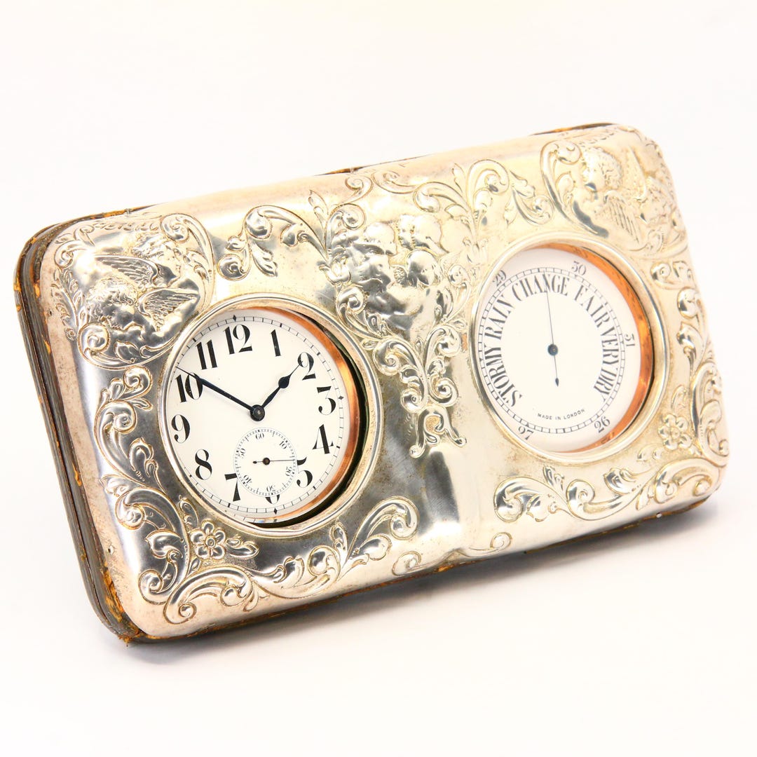 Antique Silver Desk Combo 1905 Clock and Barometer Hallmarked Working ...