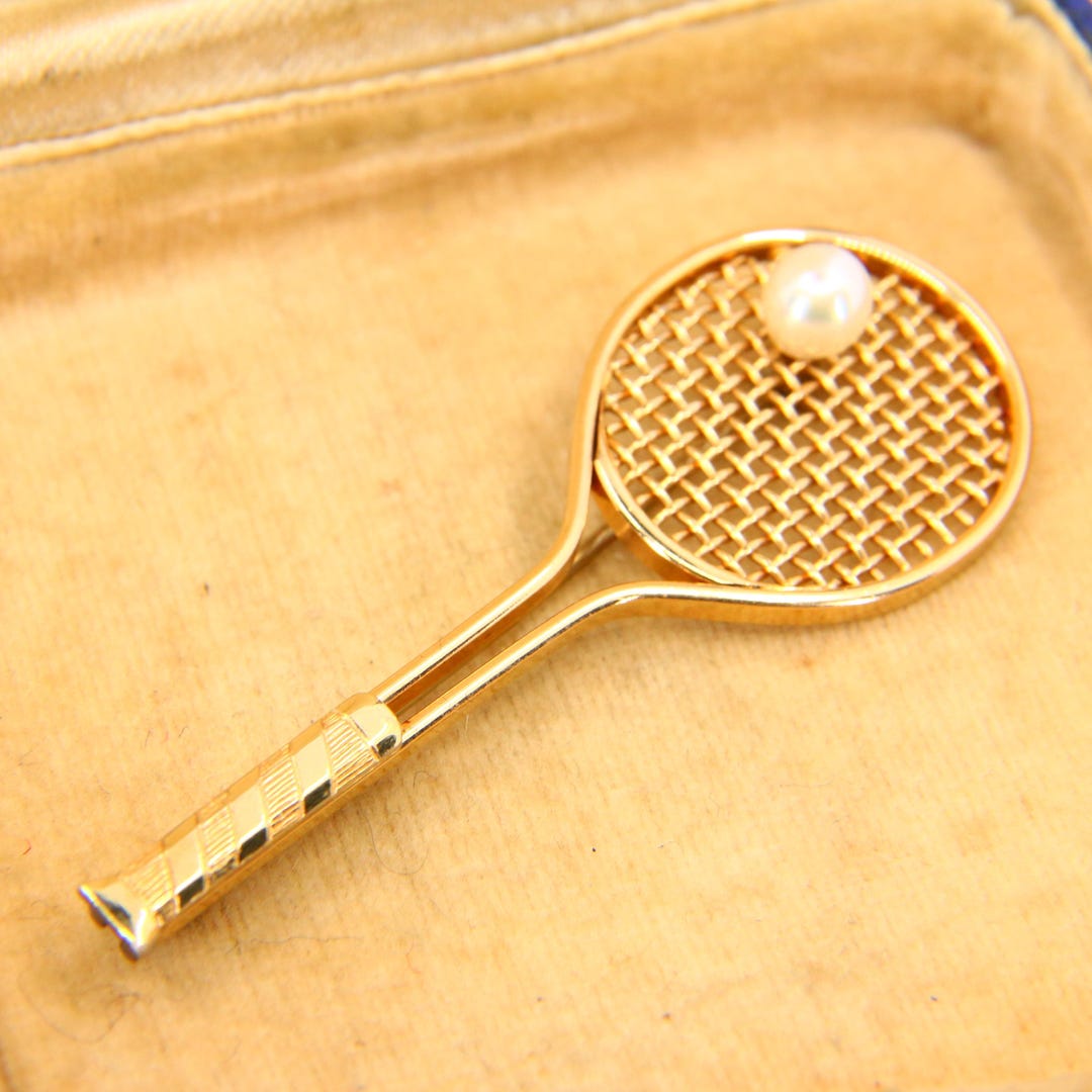 Vintage 9ct Gold Tennis Racket Brooch – Pearl Set Ball, 9 Carat Yellow ...