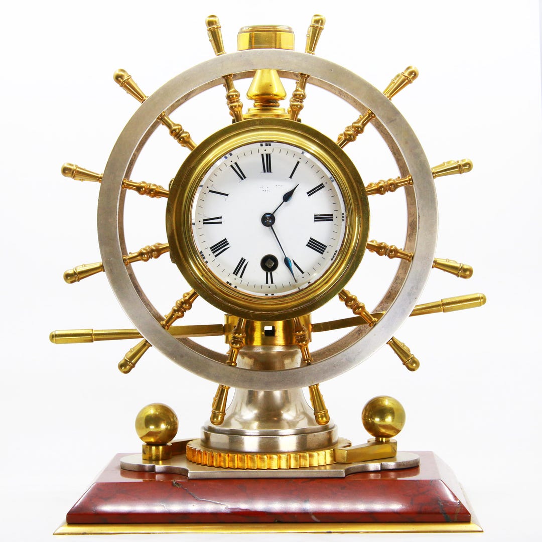 Antique French Nautical Desk Clock Gilt & Silvered Ships Wheel Circa ...