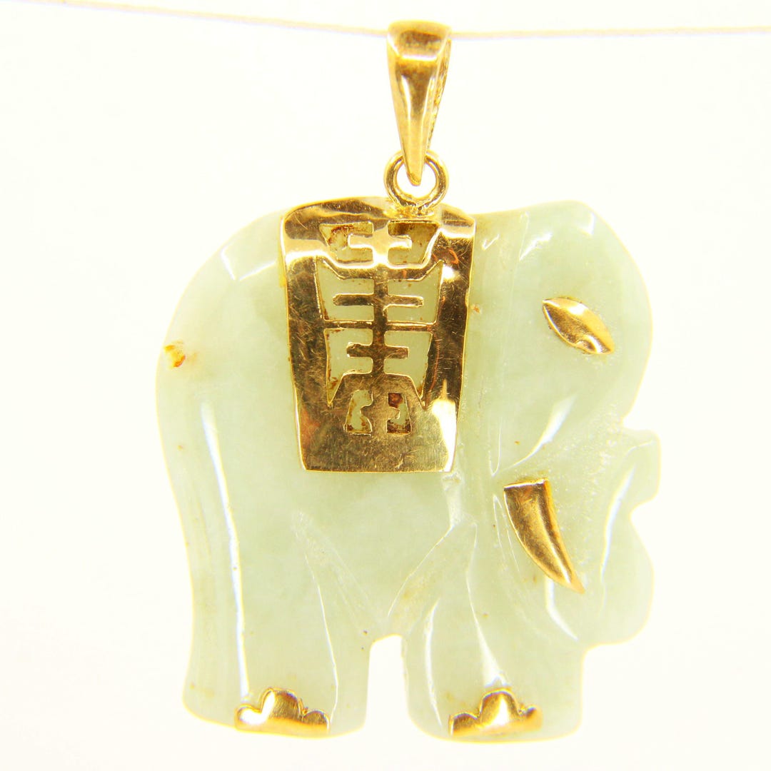 Vintage Jade Elephant Pendant 14k Gold Mounted Jade Elephant Trunk up ...