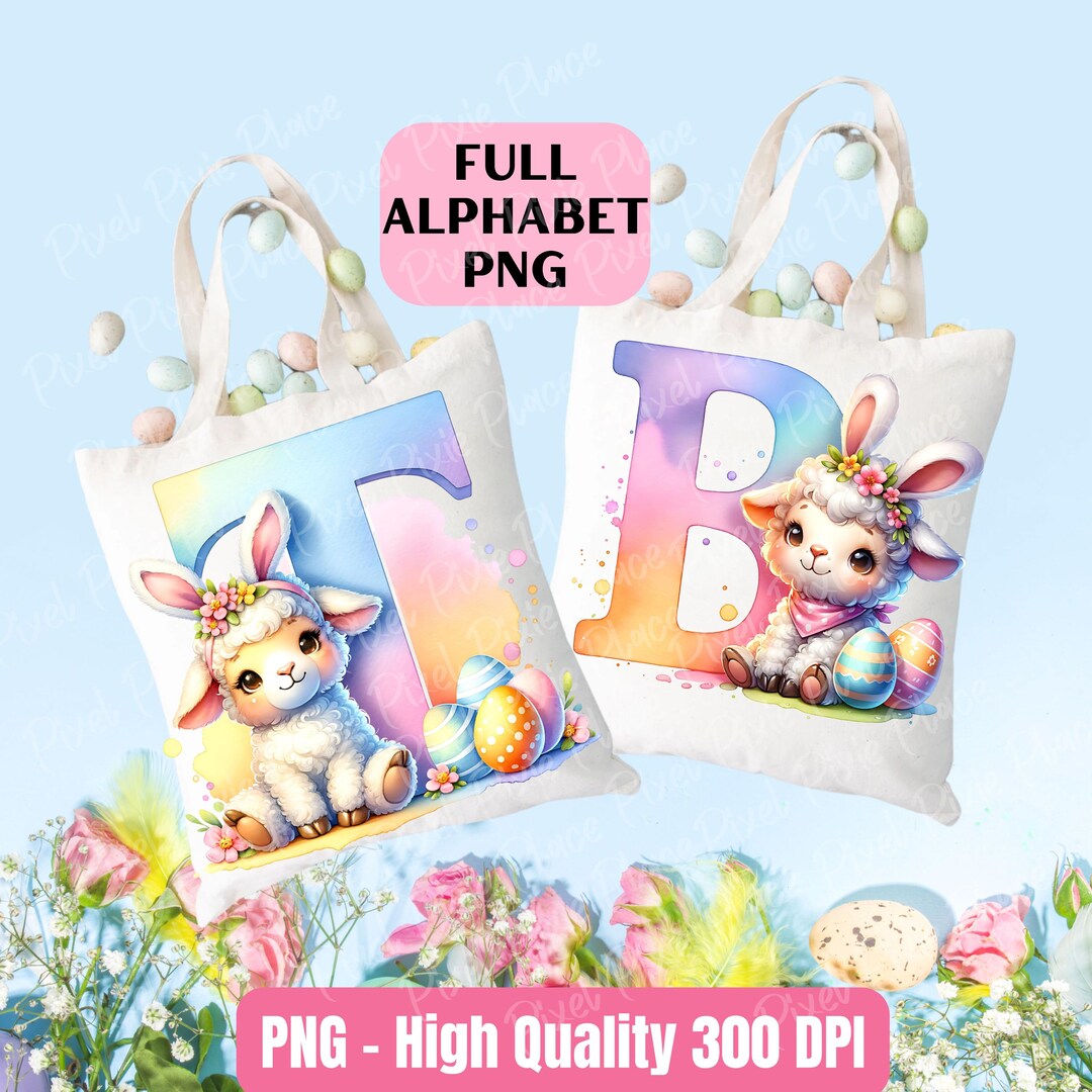 Easter Basket Lamb Alphabet PNG Clipart Bundle, Name Initials Easter ...