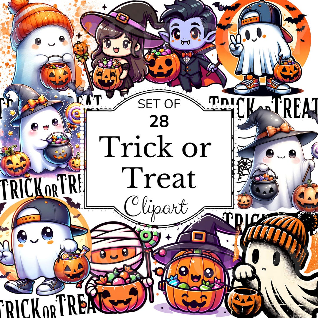 28 PNG Trick or Treat Bag Clipart Bundle, Halloween Ghost PNG, Cute ...