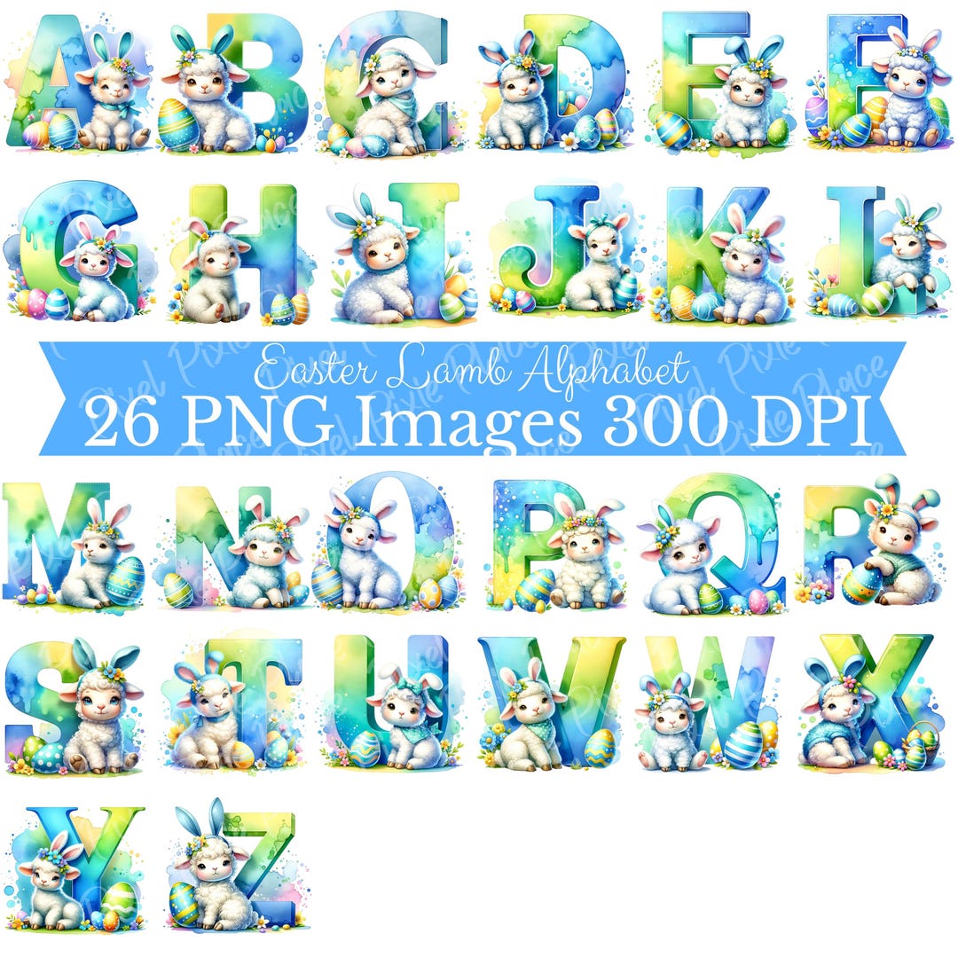 Easter Basket Lamb Alphabet PNG Clipart Bundle, Name Initials Easter ...