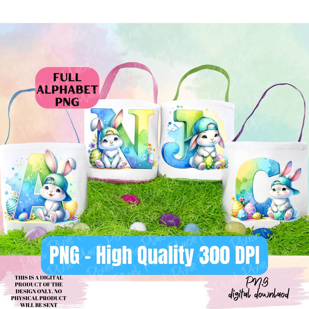 Easter Basket Bunny Alphabet PNG Clipart Bundle, Blue Green Name ...