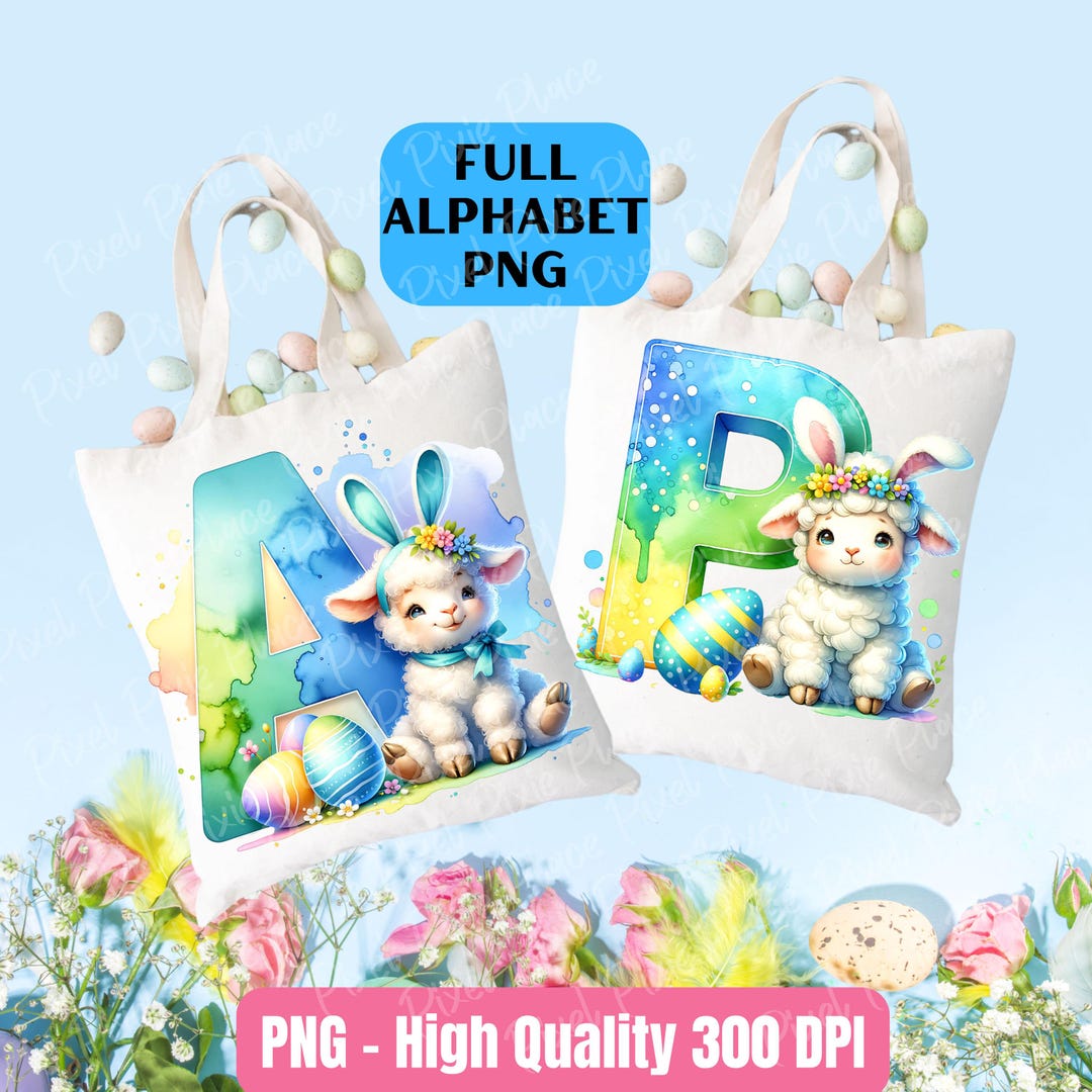 Easter Basket Lamb Alphabet PNG Clipart Bundle, Name Initials Easter ...