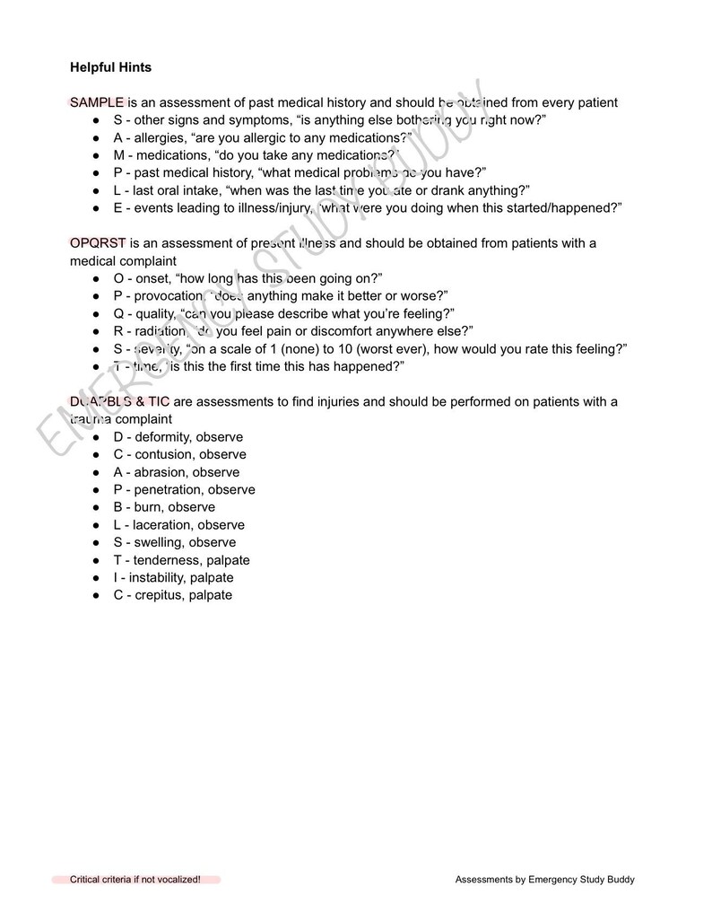 Assessment Flow Sheets for Emts - Etsy