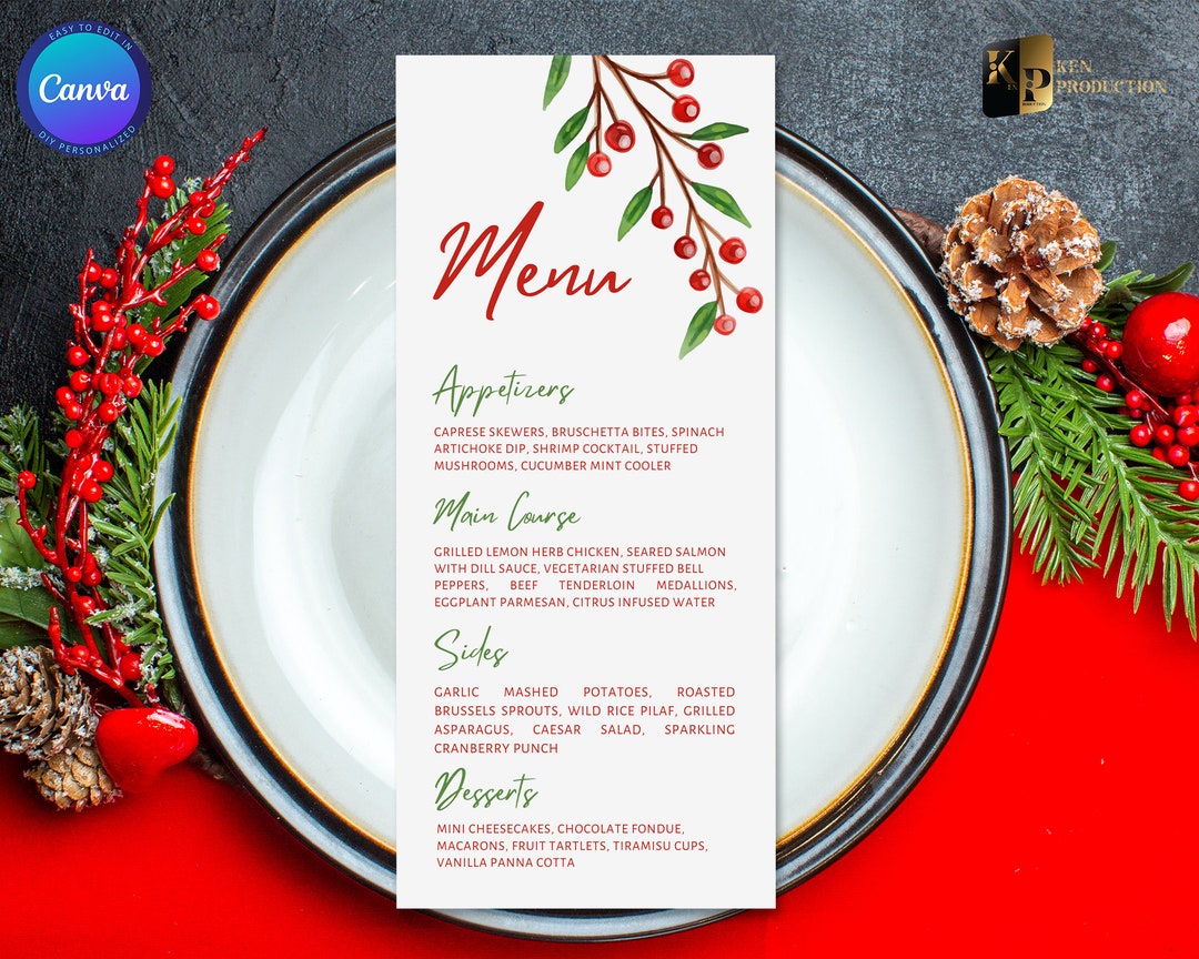 Christmas Menu Card Template With Watercolor Cherry and Branches ...